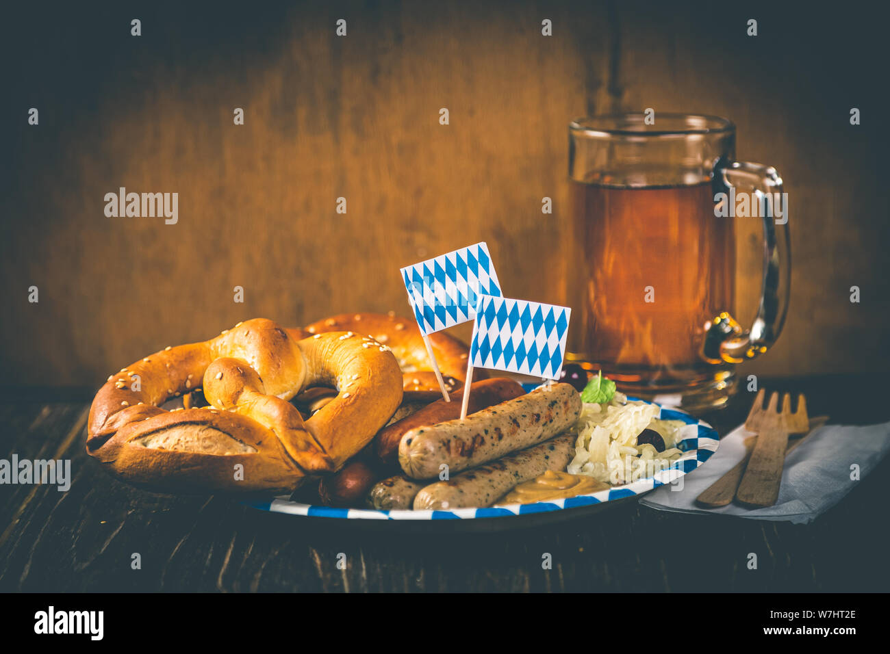 October fest concept - traditional food and beer served at event Stock ...