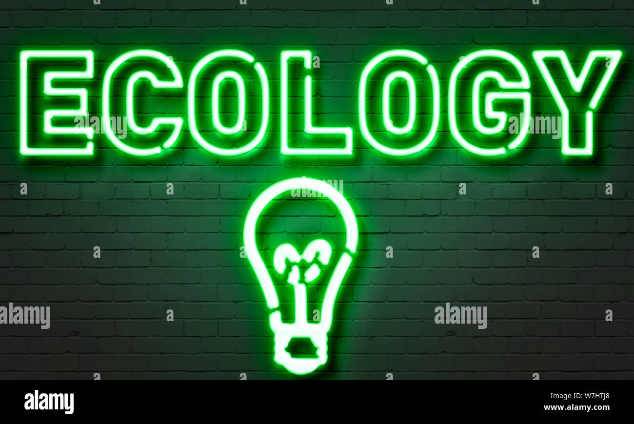 Ecology neon sign on brick wall background Stock Photo - Alamy