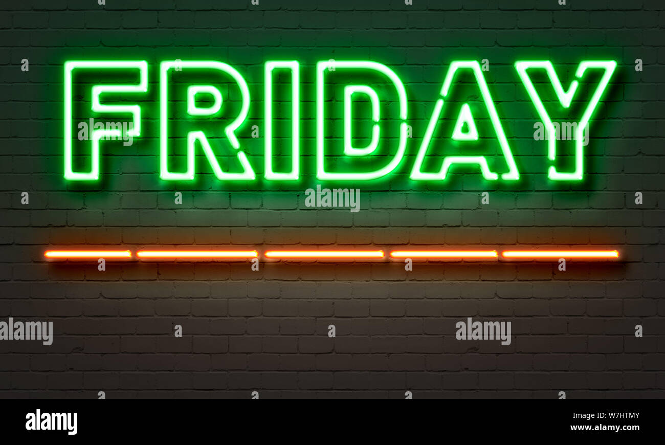 Friday neon sign on brick wall background Stock Photo - Alamy