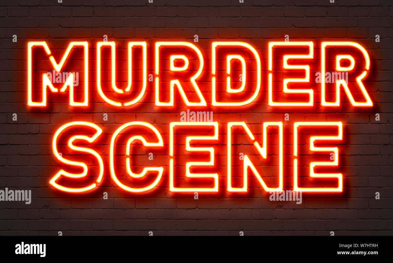 Murder scene neon sign on brick wall background Stock Photo - Alamy