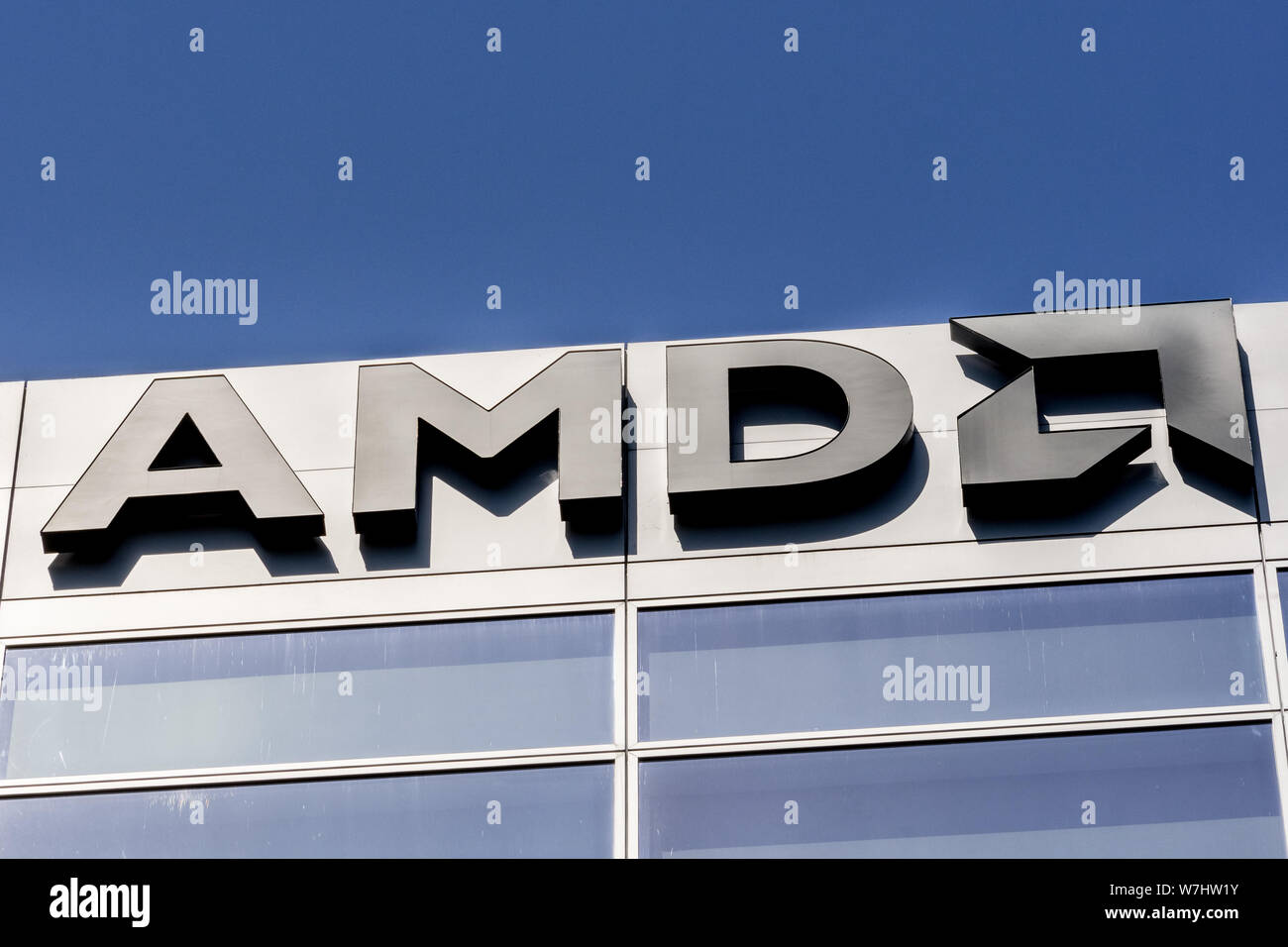 July 30, 2019 Santa Clara / CA / USA - AMD logo displayed on the facade ...
