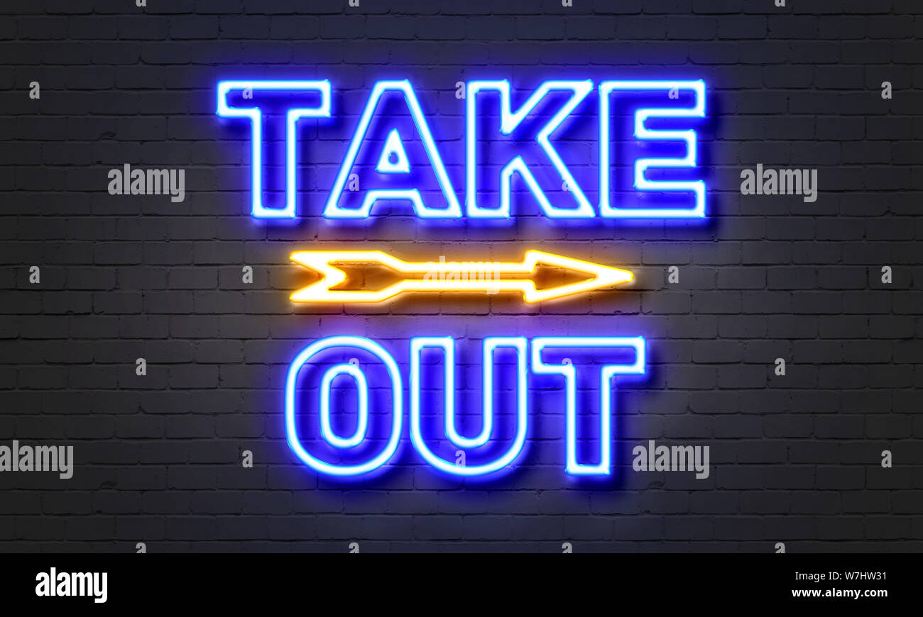 Take out neon sign blue Stock Photo - Alamy