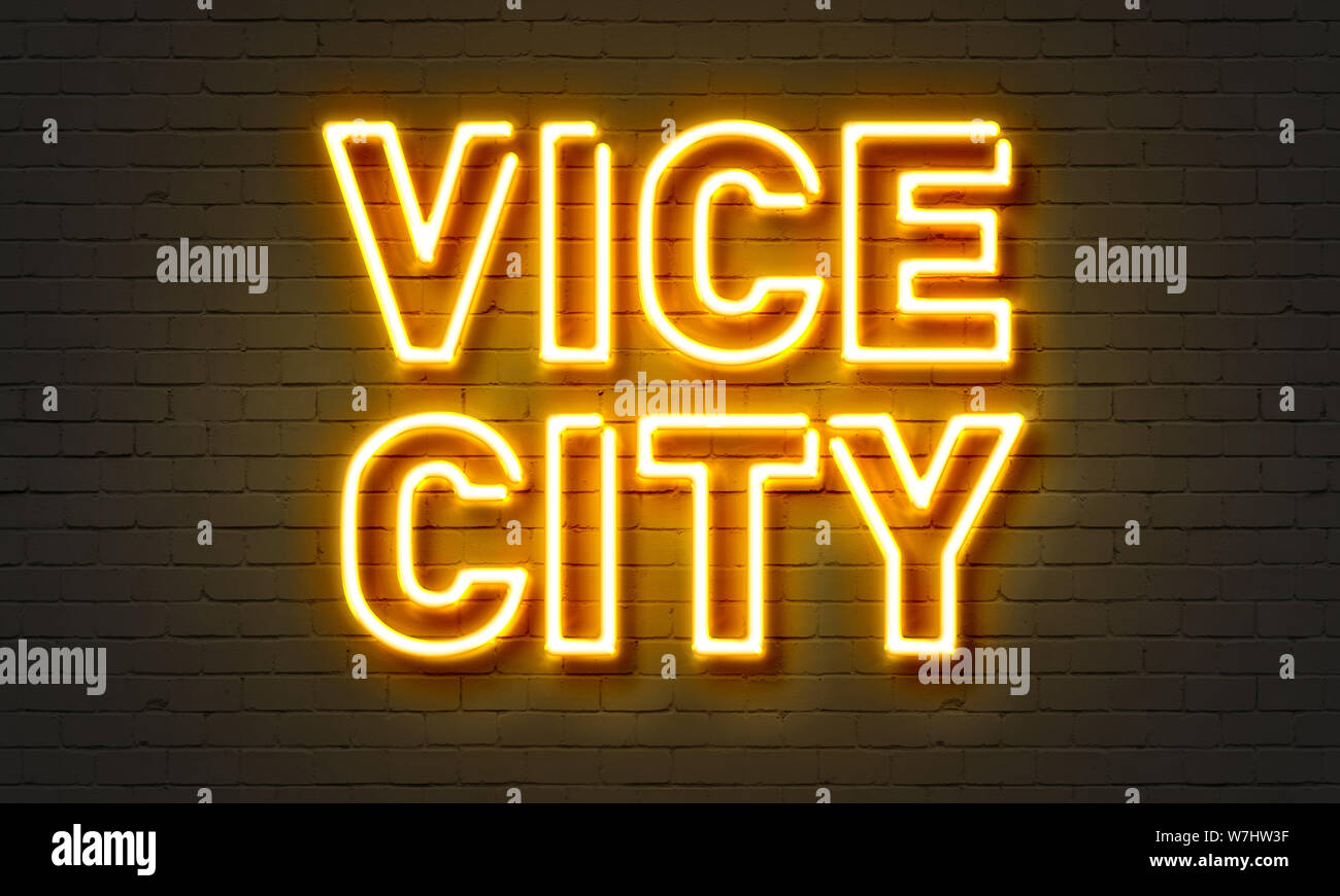 Vice city neon sign on brick wall background Stock Photo - Alamy