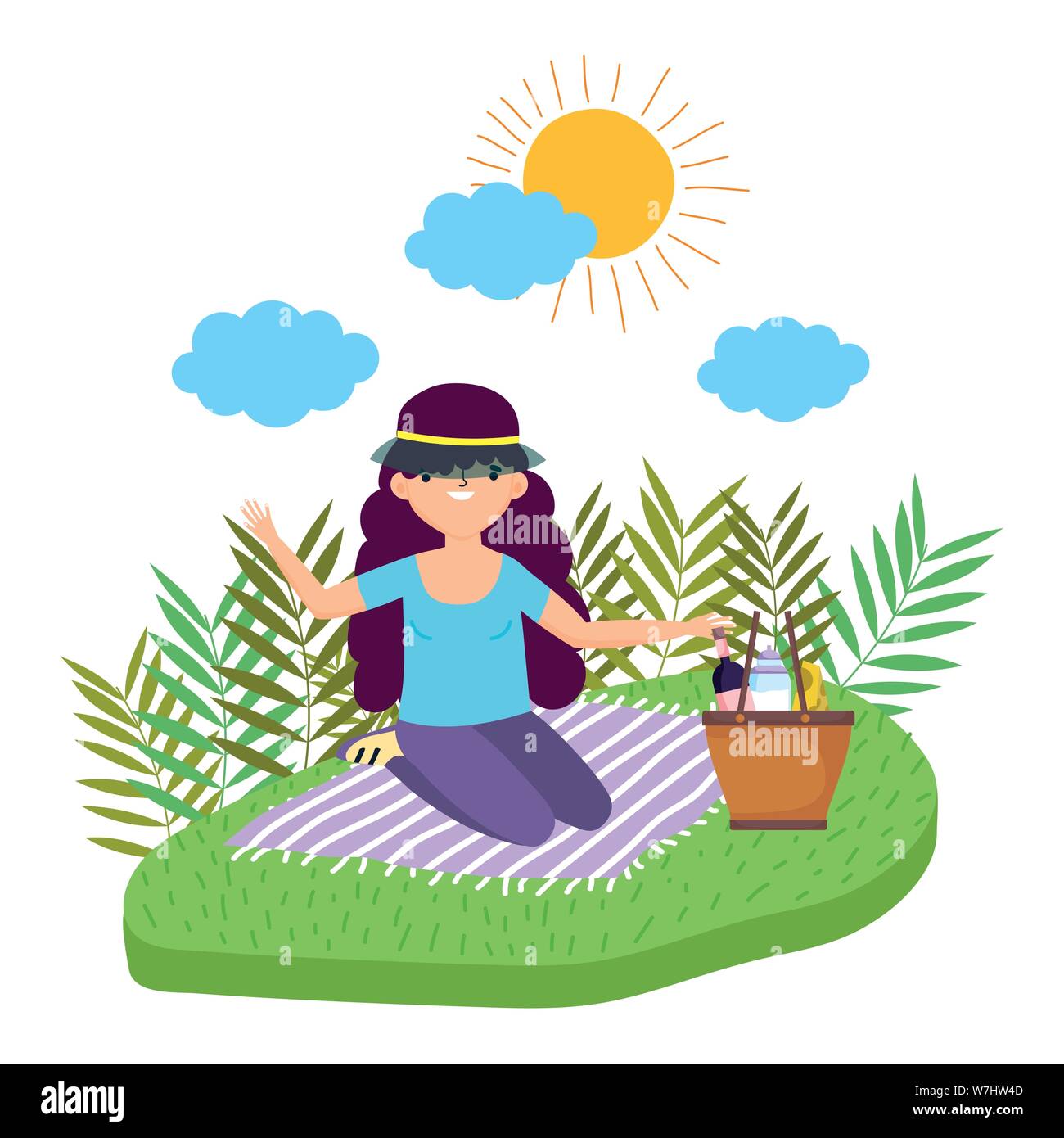 Woman cartoon having picnic design, Food summer outdoor leisure healthy ...