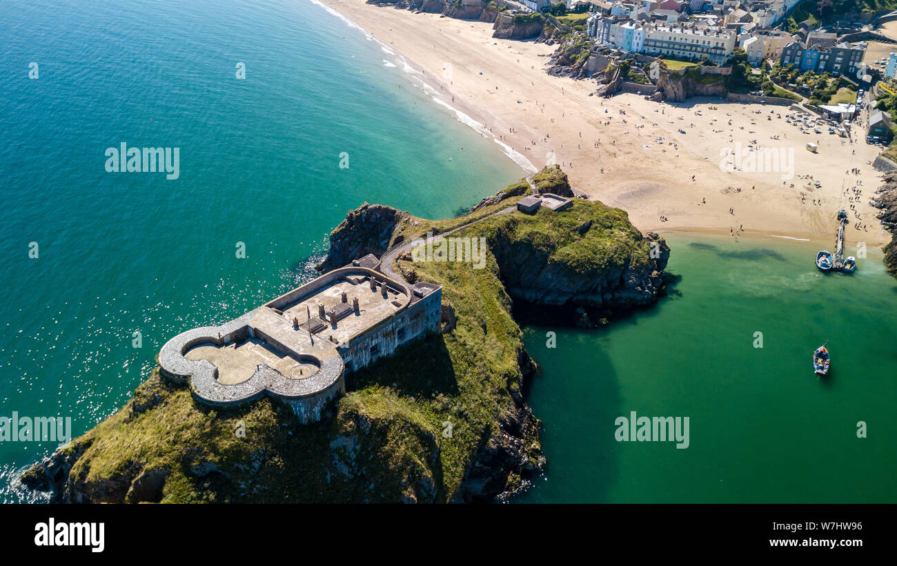 Aerial drone view of an old, historic fort on a small island off a ...