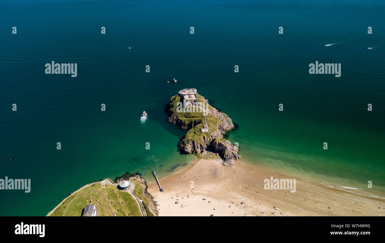 Aerial drone view of an old, historic fort on a small island off a ...