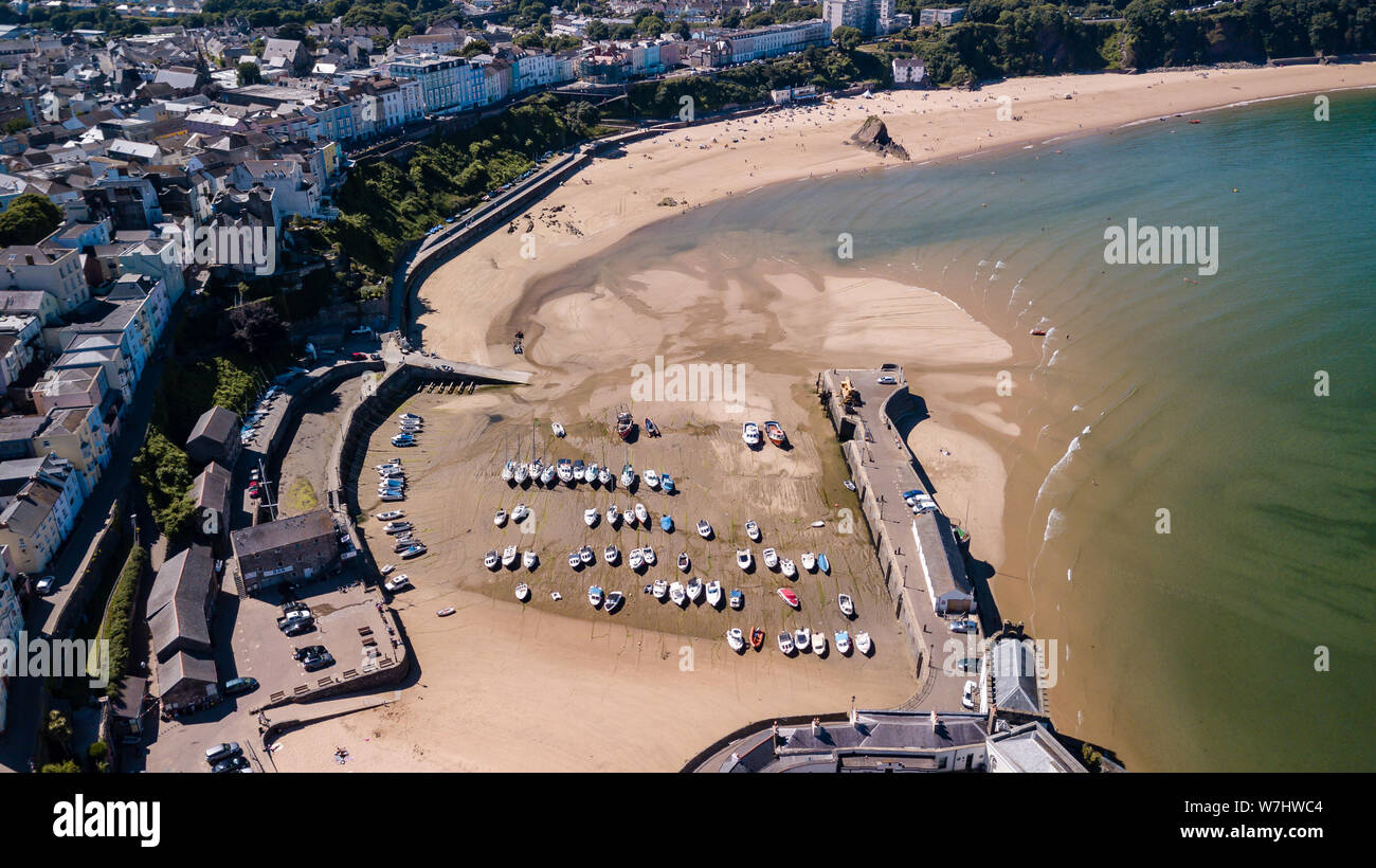 Aerial drone view of the picturesque and colorful Welsh seaside town of ...