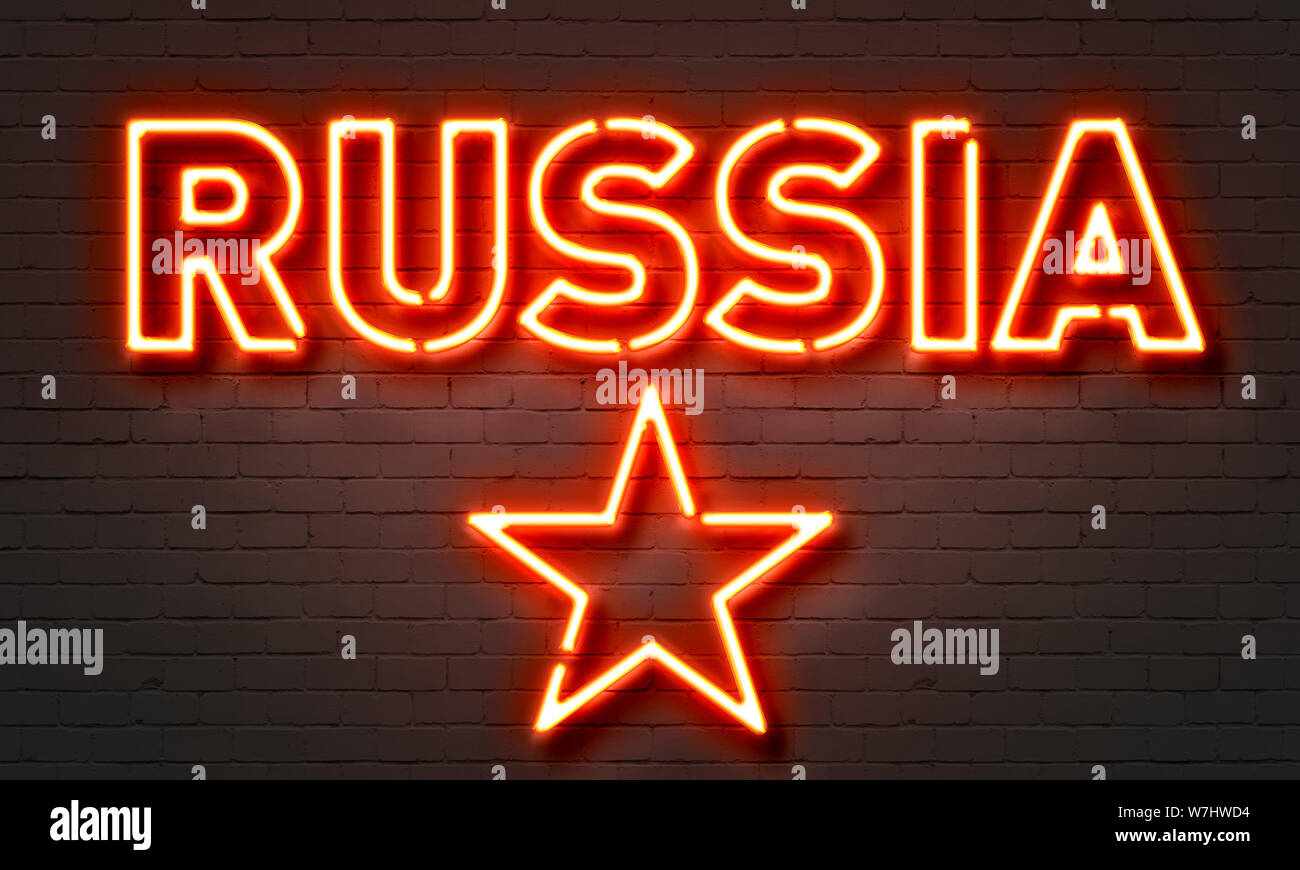 Russia neon sign on brick wall background Stock Photo - Alamy