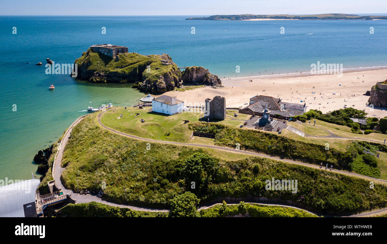 Aerial drone view of huge, beautiful sandy beaches at a colorful ...