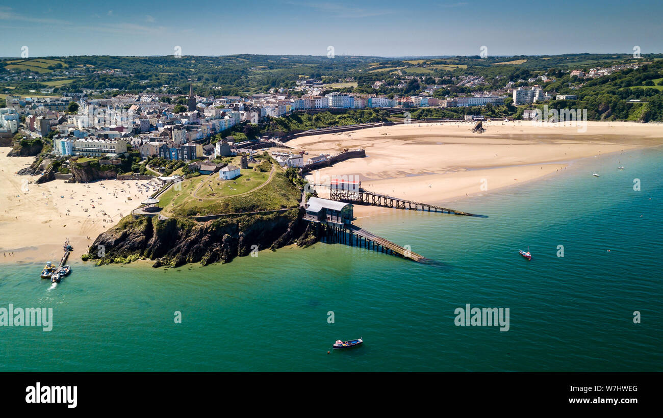 Aerial drone view of huge, beautiful sandy beaches at a colorful ...