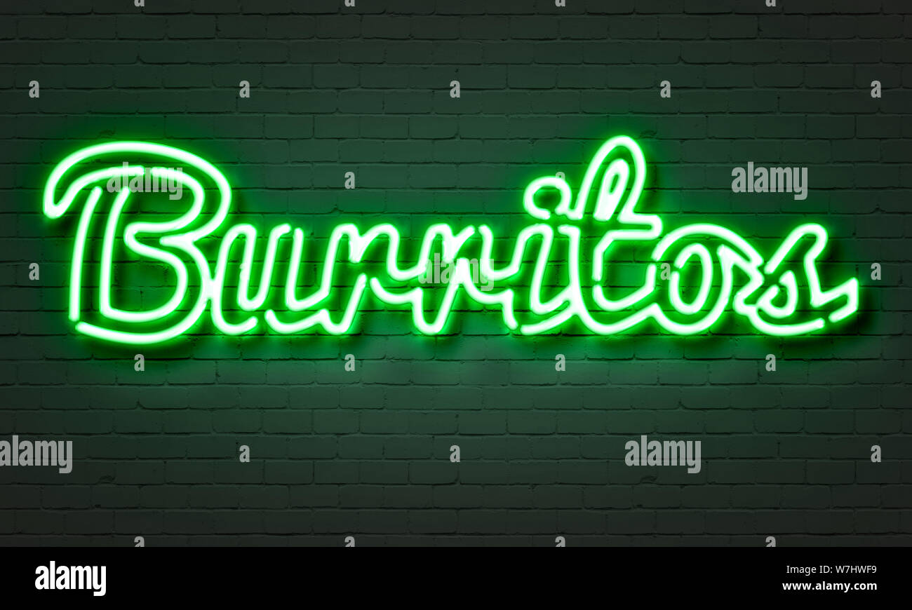 Burritos neon sign on brick wall background Stock Photo - Alamy