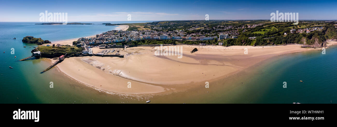 Aerial panoramic view of a beautiful Welsh seaside holiday town with ...