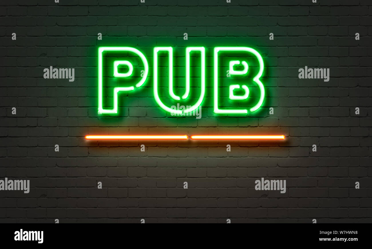 Pub neon sign on brick wall background Stock Photo - Alamy