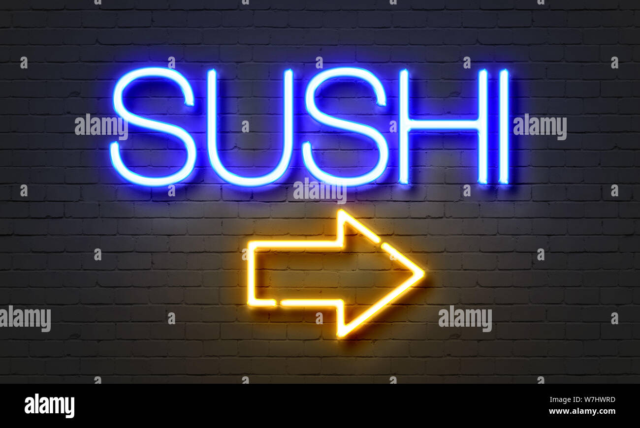 Sushi neon sign on brick wall background Stock Photo - Alamy