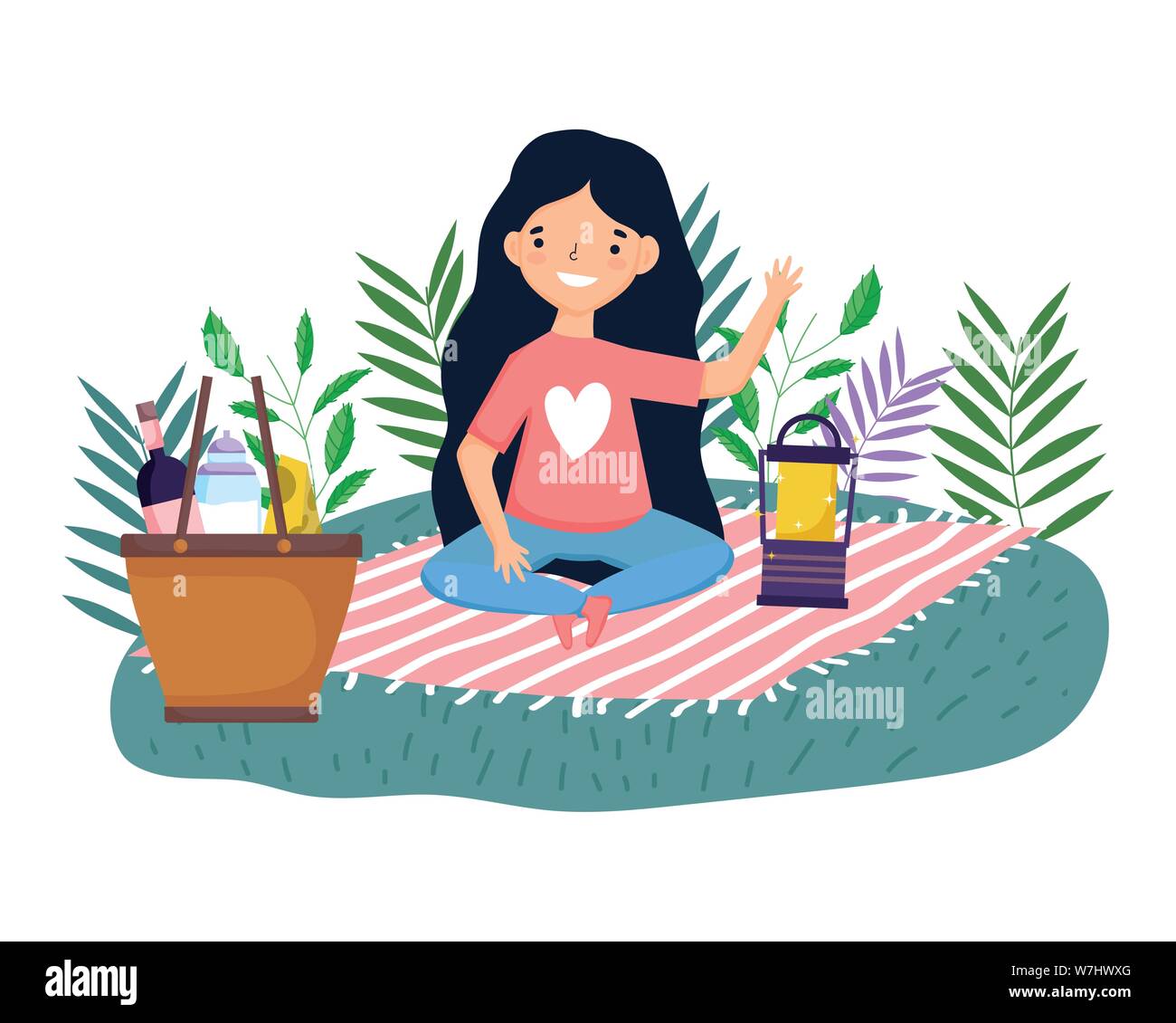 Woman cartoon having picnic design, Food summer outdoor leisure healthy ...