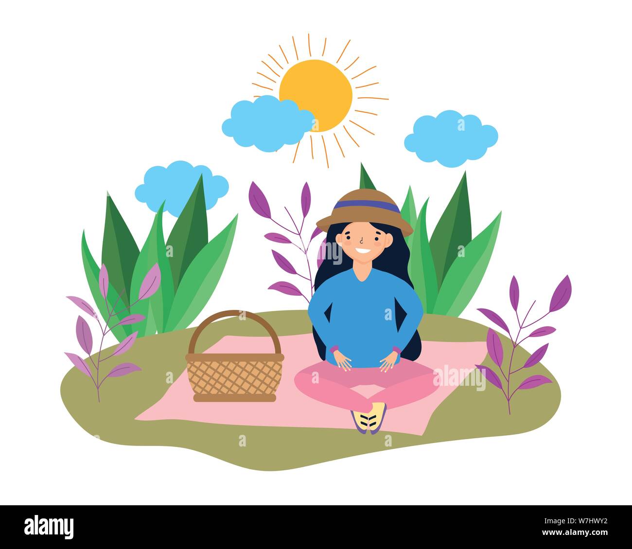 Woman cartoon having picnic design, Food summer outdoor leisure healthy ...