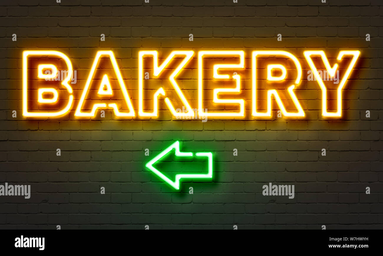 Bakery neon sign on brick wall background Stock Photo - Alamy