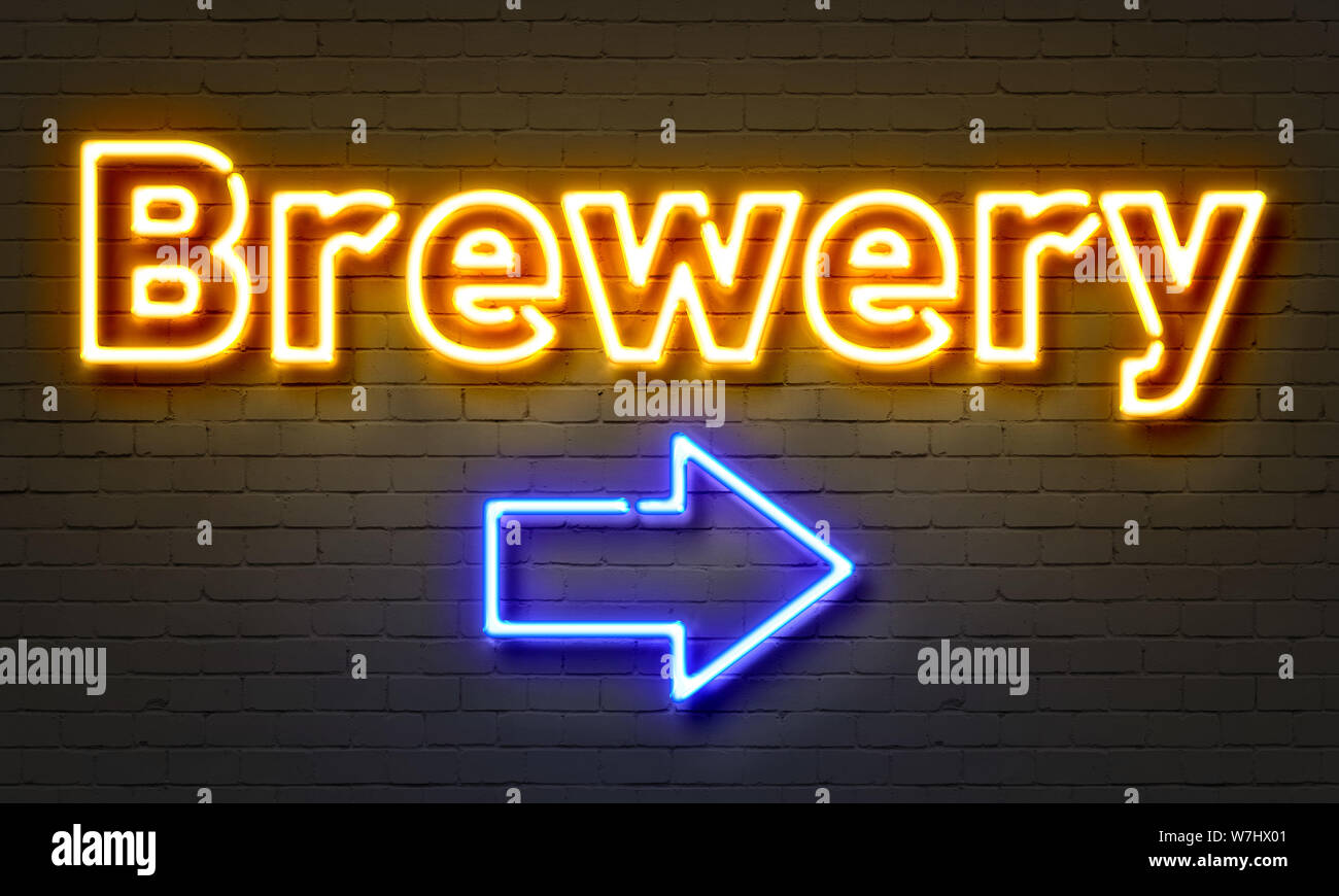Brewery neon sign on brick wall background Stock Photo - Alamy