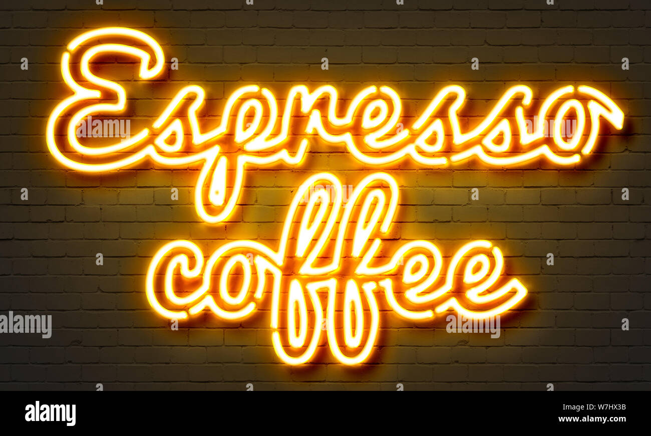 Espresso coffee neon sign on brick wall background Stock Photo - Alamy