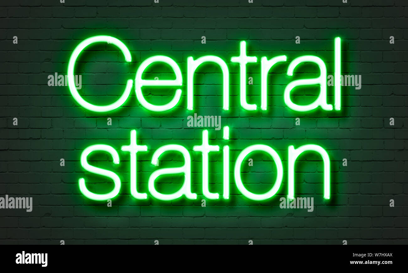 Central station neon sign on brick wall background Stock Photo - Alamy