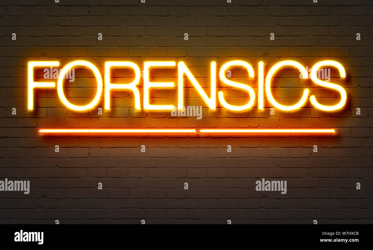 Forensics neon sign on brick wall background Stock Photo - Alamy