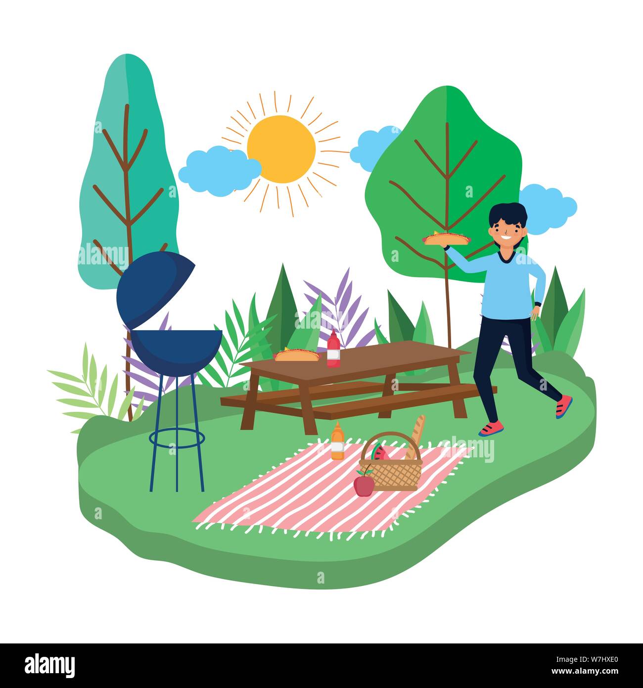 Man cartoon having picnic design, Food summer outdoor leisure healthy ...