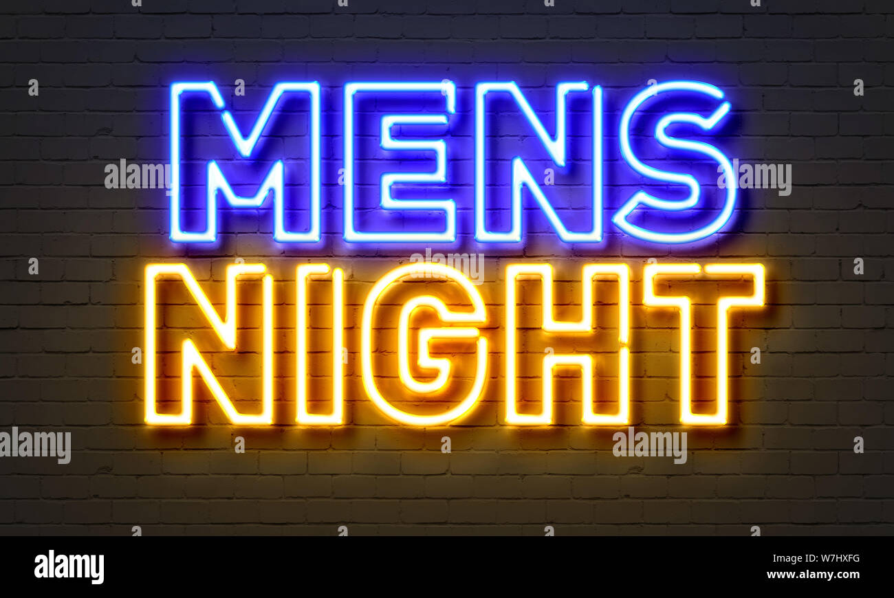 Mens night neon sign on brick wall background Stock Photo - Alamy