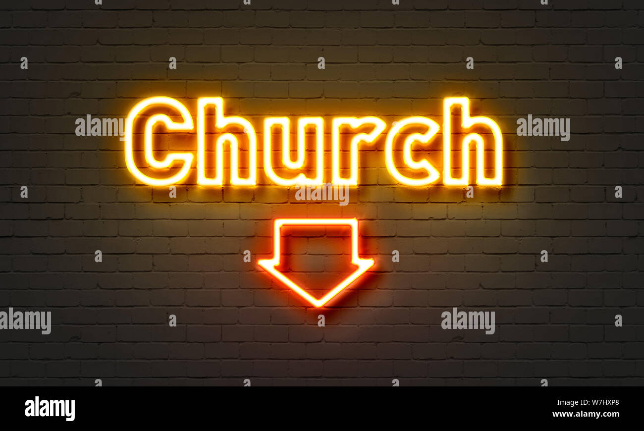 Church neon sign on brick wall background Stock Photo - Alamy