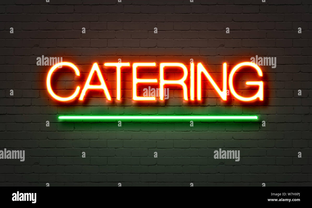 Catering neon sign on brick wall background Stock Photo - Alamy