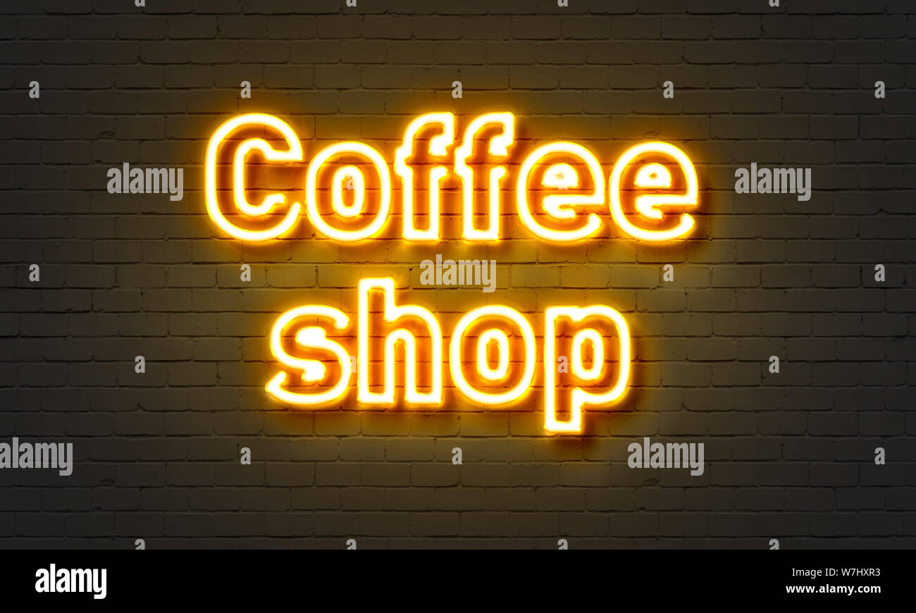 Coffee shop neon sign on brick wall background Stock Photo - Alamy