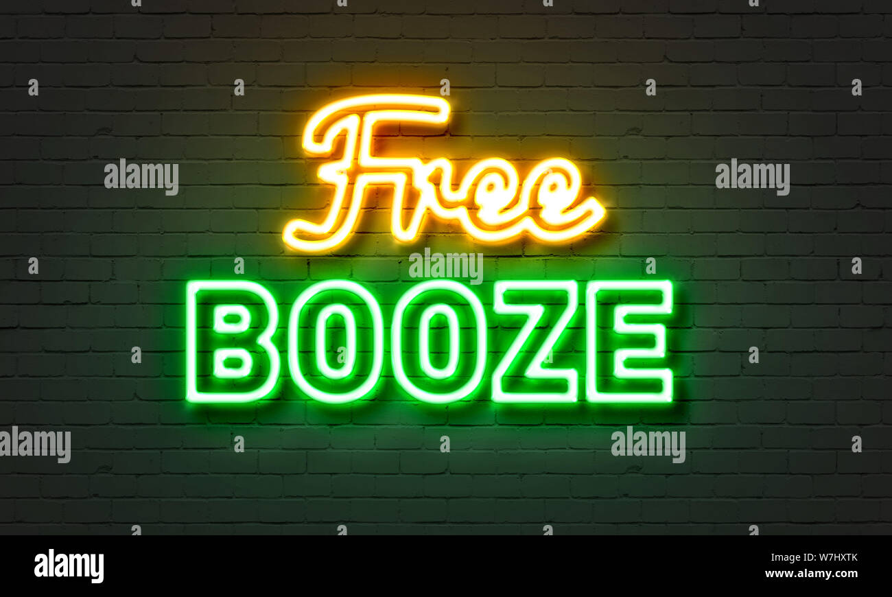 Free booze neon sign on brick wall background Stock Photo - Alamy