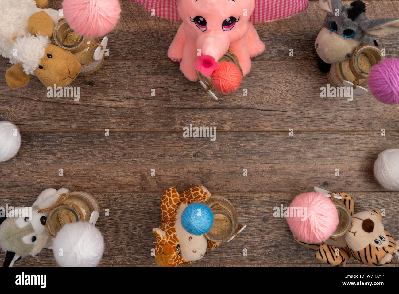 Soft animals with single thread ball each, top view Stock Photo - Alamy