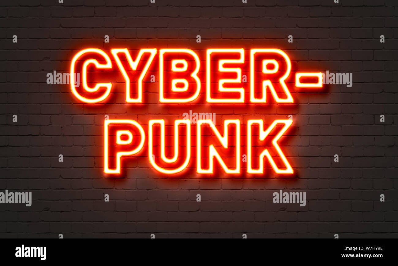 Cyberpunk neon sign on brick wall background Stock Photo - Alamy