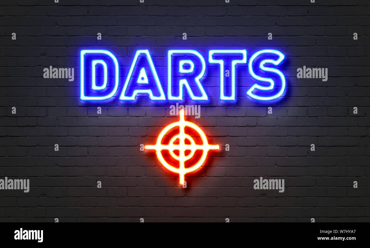 Darts neon sign on brick wall background Stock Photo - Alamy