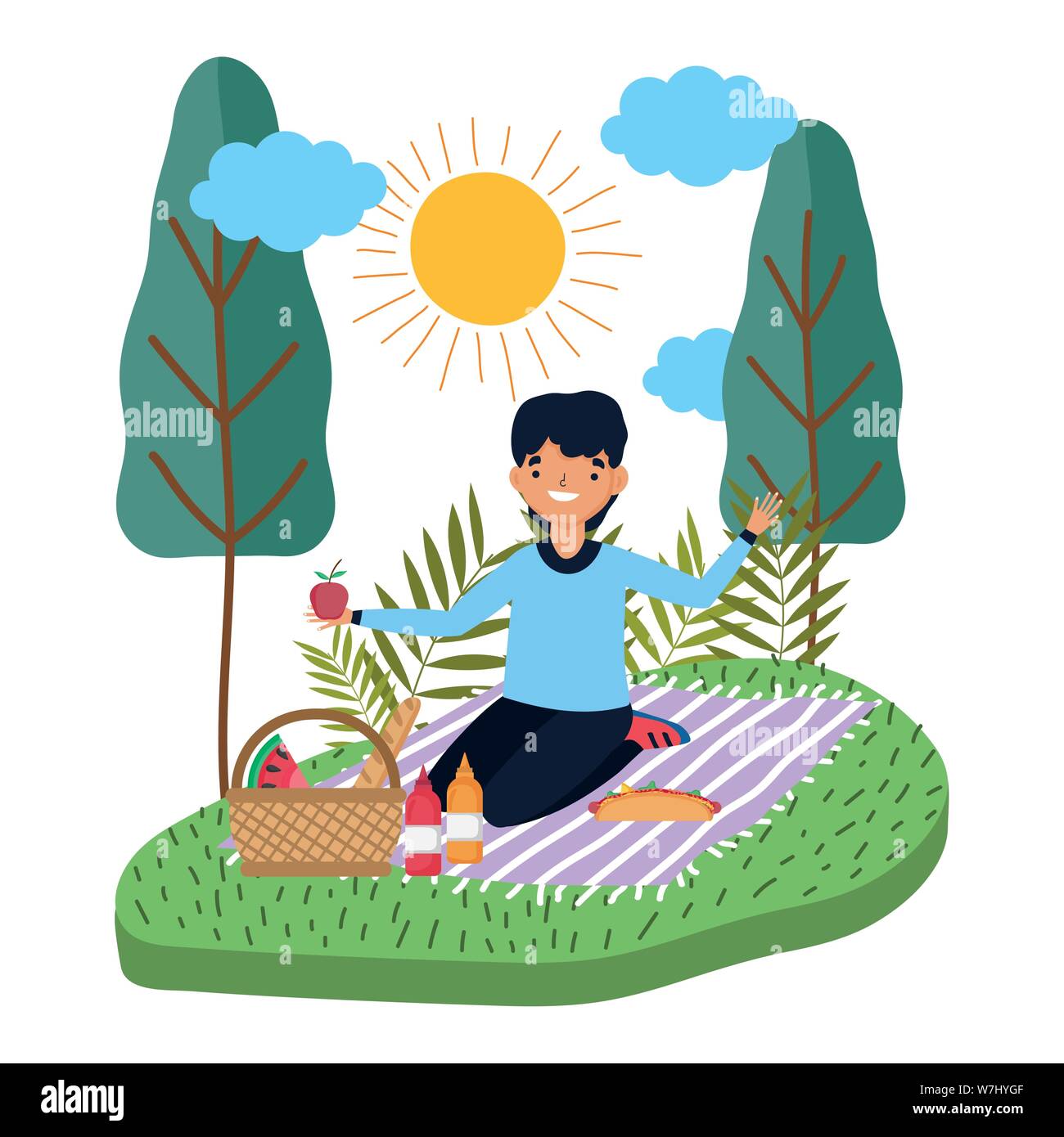 Man cartoon having picnic design, Food summer outdoor leisure healthy ...