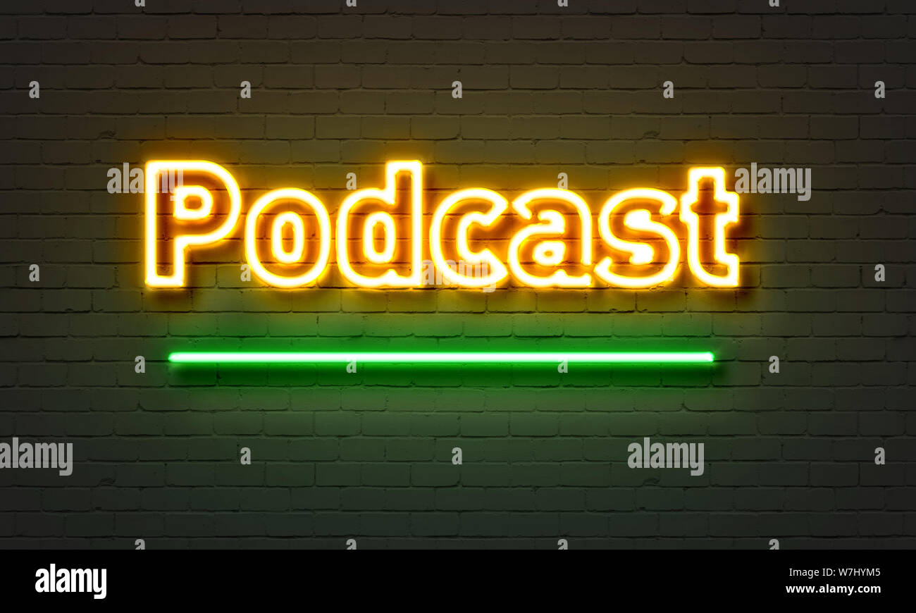 Podcast neon sign on brick wall background Stock Photo - Alamy