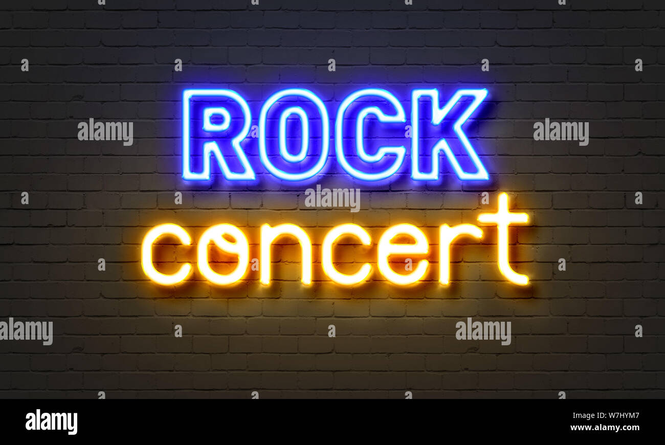 Rock concert neon sign on brick wall background Stock Photo - Alamy
