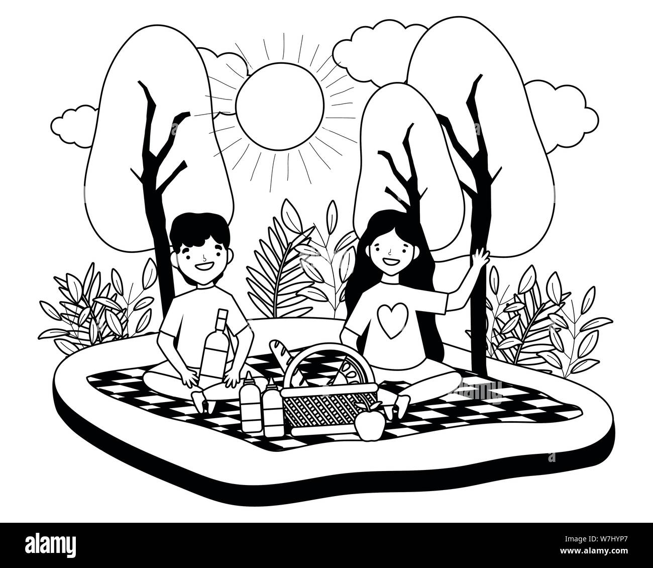 Woman and man cartoon having picnic design, Food summer outdoor leisure ...