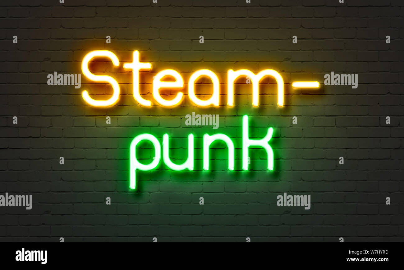 Steampunk neon sign on brick wall background Stock Photo - Alamy