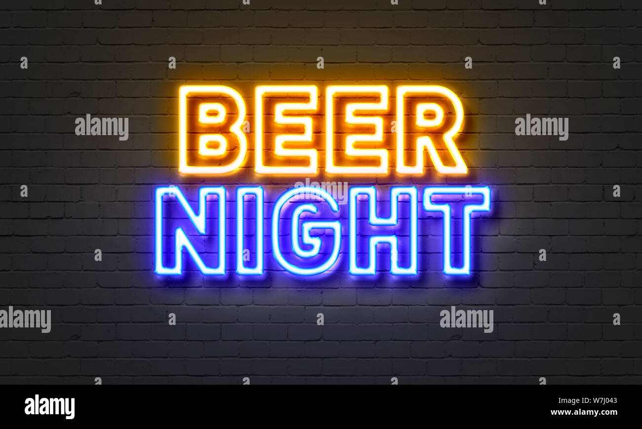 Beer night neon sign on brick wall background Stock Photo - Alamy