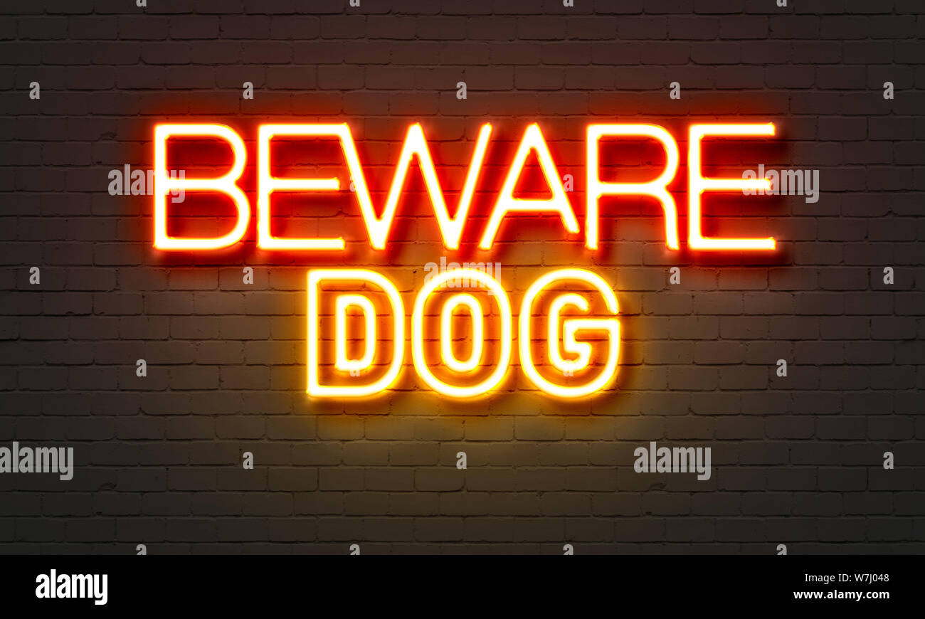 Beware dog neon sign on brick wall background Stock Photo - Alamy