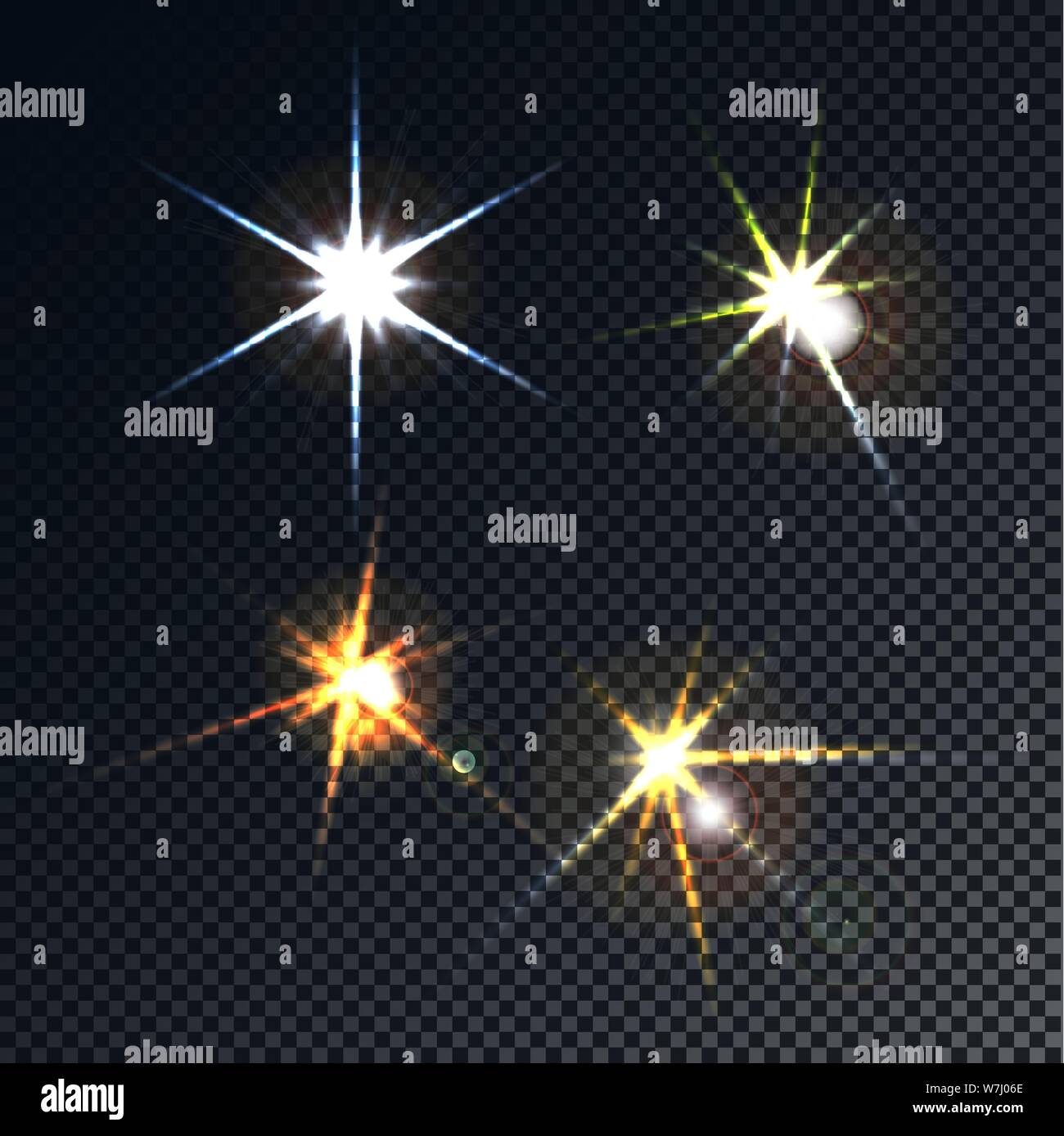 A set of four highlights, stars, auroras from white to blue and yellow ...