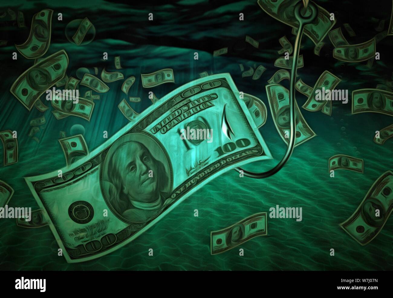 Surreal painting. Hundred dollars banknote on hook Stock Photo - Alamy