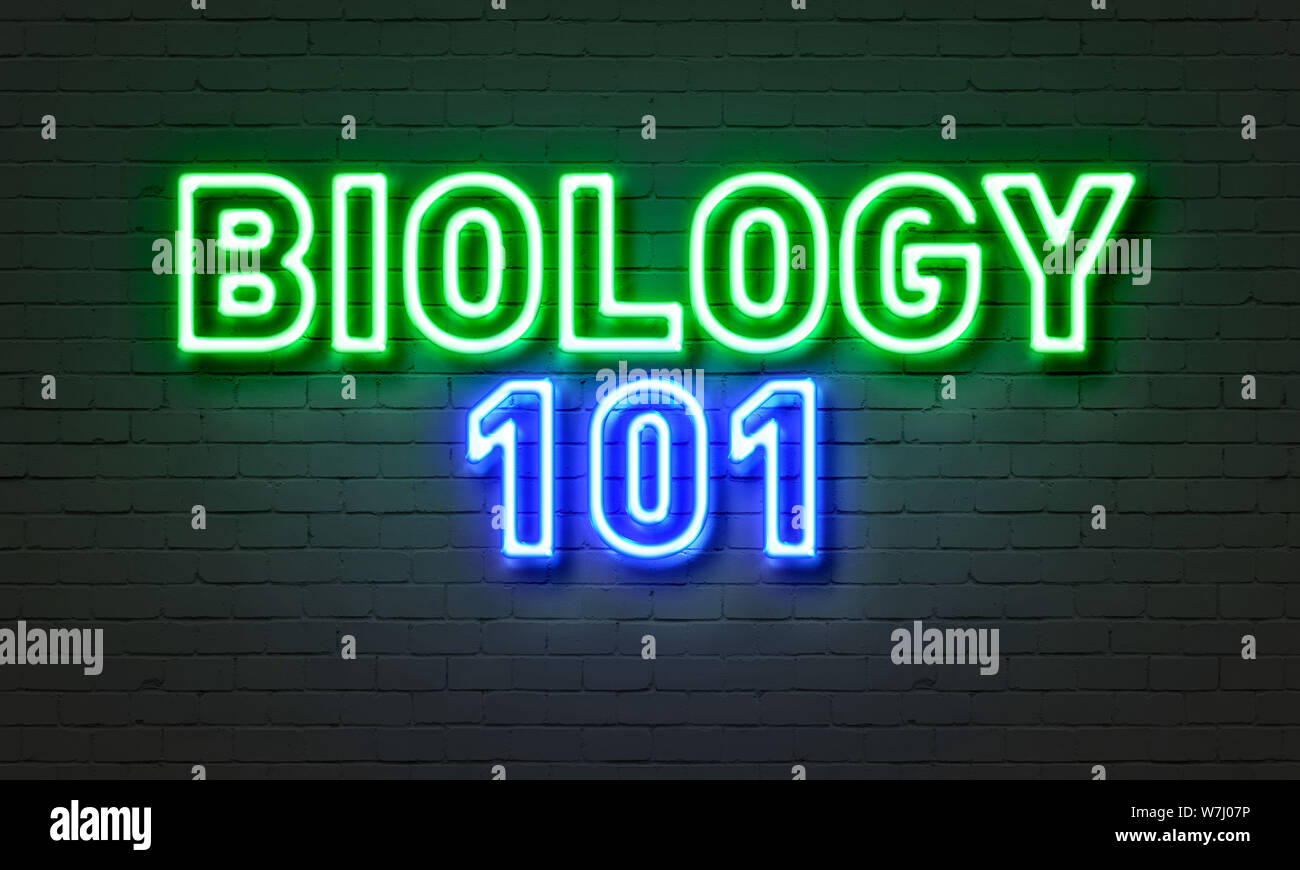 Biology 101 neon sign on brick wall background Stock Photo - Alamy