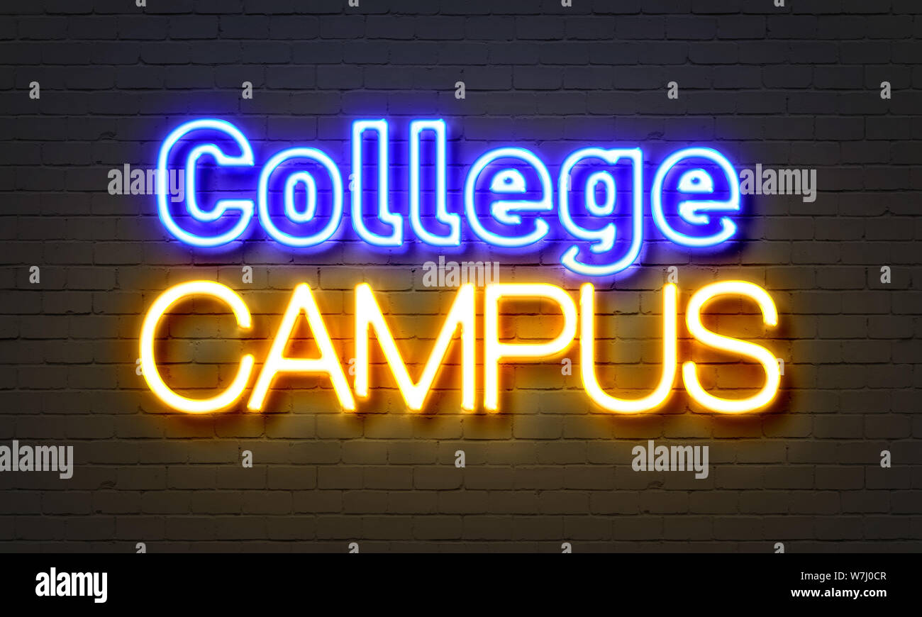 College campus neon sign on brick wall background Stock Photo - Alamy