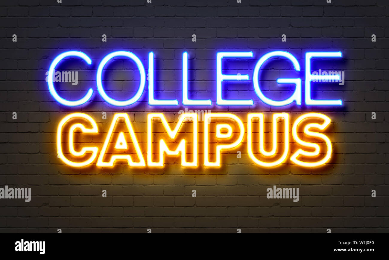 College campus neon sign on brick wall background Stock Photo - Alamy