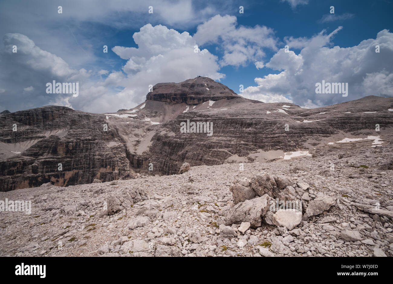 The Sass Pordoi above the Pordoi Pass and Sella Pass. The Sass Pordoi ...