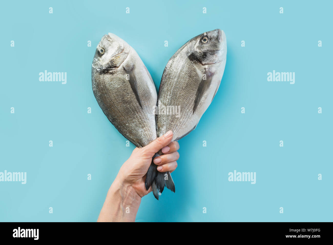 Female hand with two dorado fish tail on blue paper as color of sea ...
