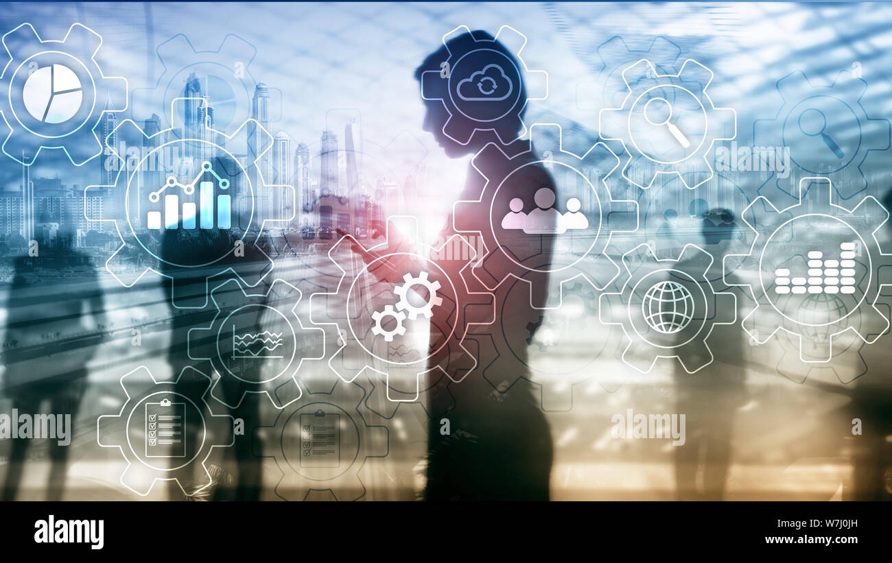 Business process abstract diagram with gears and icons. Workflow and ...