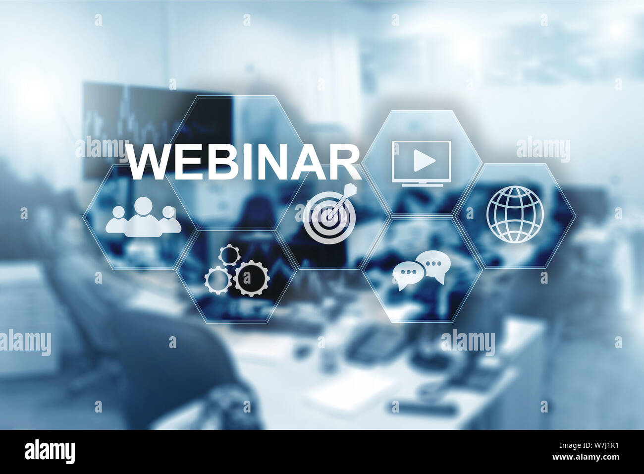 Webinar on virtual screen. Inscription on blurred office background ...